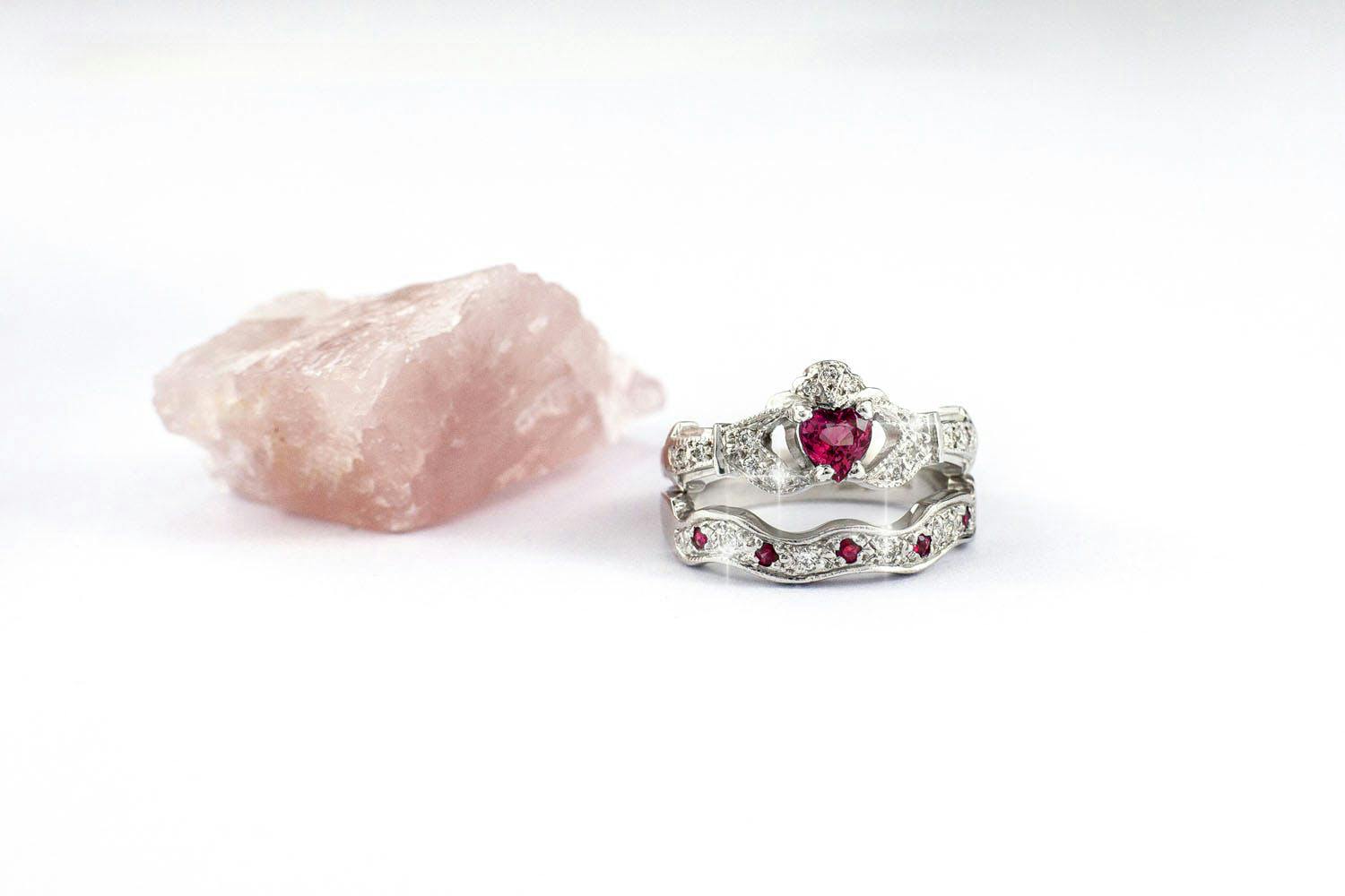 14K White Gold Ruby Diamond Claddagh Ring, From… | My Irish Jeweler