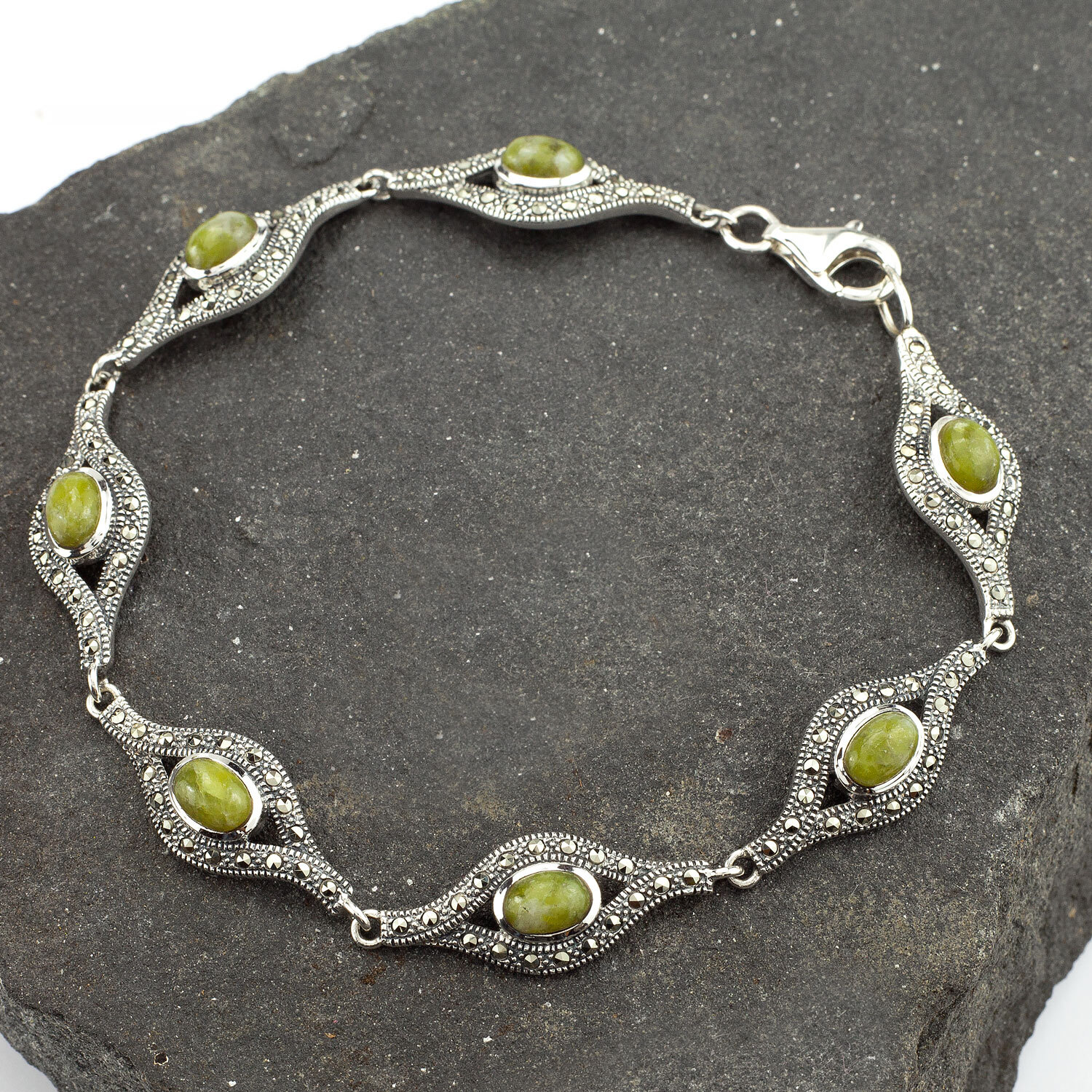 Connemara Marble Marcasite Bracelet Womens Traditional Sterling Silver 925 Hallmark Direct from Ireland