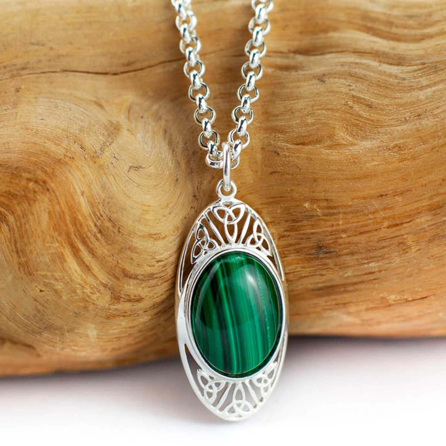 Sterling Silver Oval Banded Malachite Trinity Knot… | My Irish Jeweler