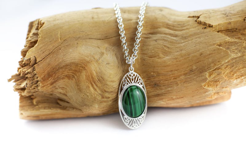 Sterling Silver Oval Banded Malachite Trinity Knot Pendant, Made in…