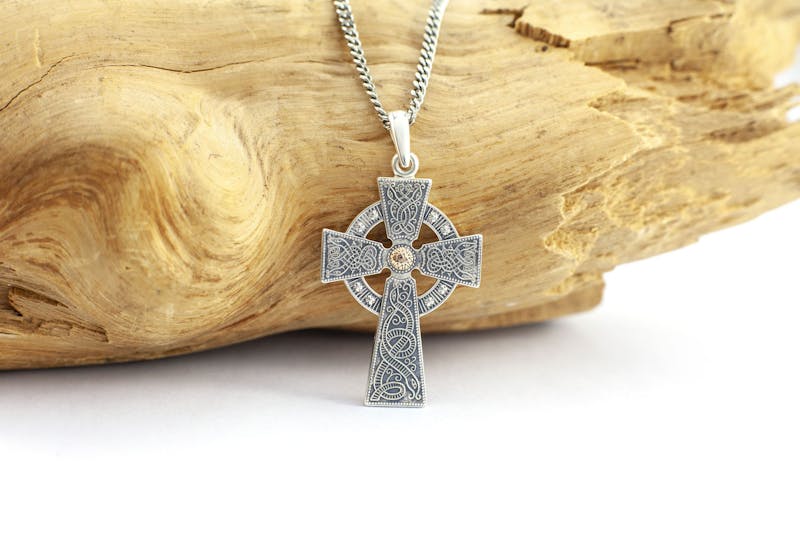 Sterling Silver Oxidized Warrior Shield Celtic Cross Rose Gold Center…